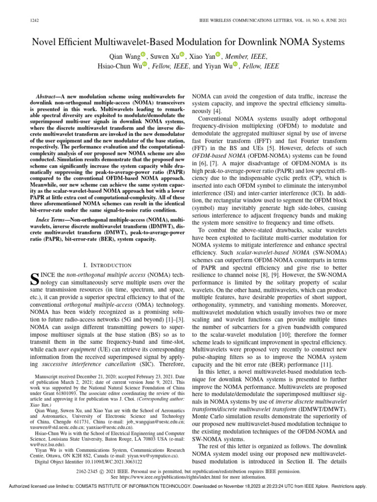 Novel Efficient Multiwavelet Based Modulation For Downlink Noma Systems Pdf Orthogonal