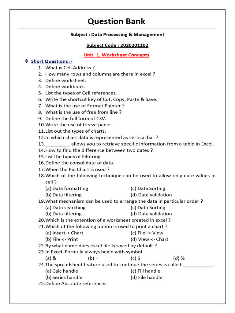 Question Bank | PDF | Databases | Microsoft Excel
