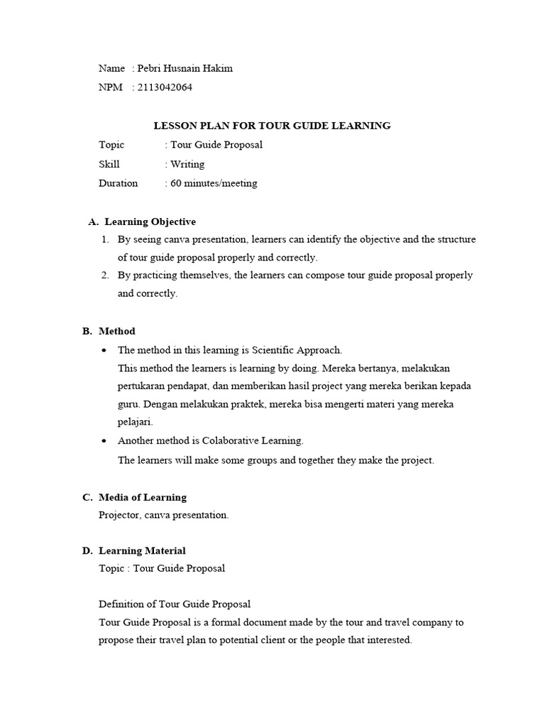 Tour Guide Proposal Lesson Plan | PDF | Learning | Cognitive Psychology