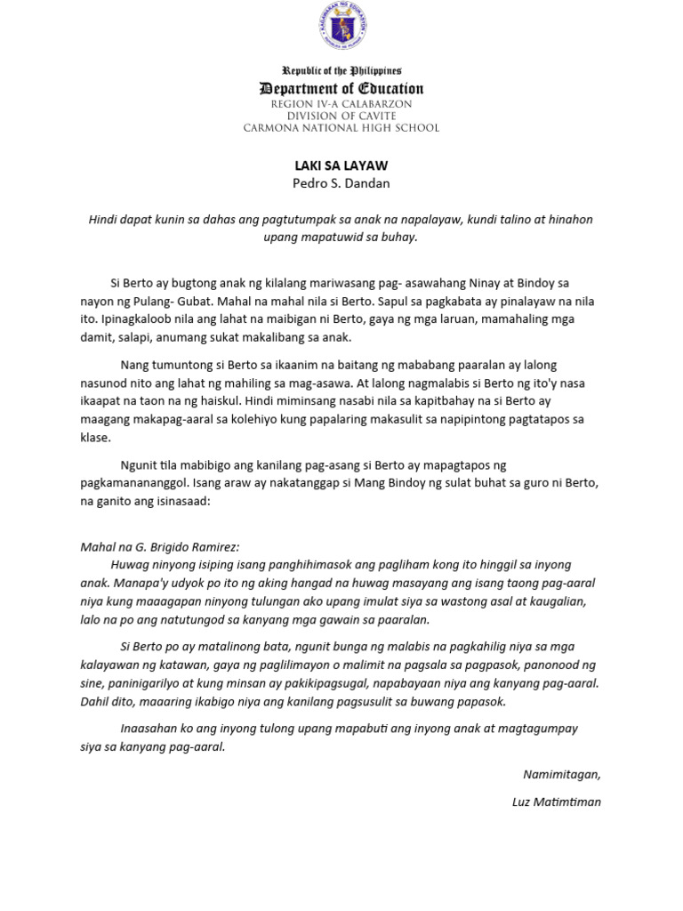 Storytelling Piece Laki Sa Layaw | PDF