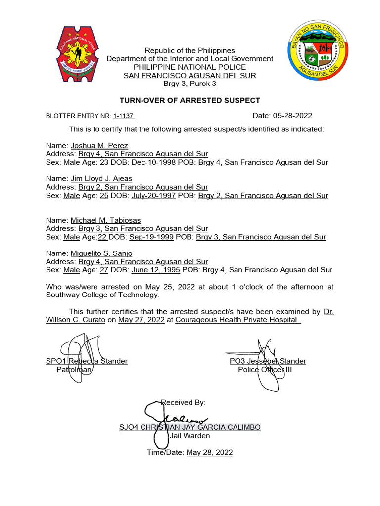 Turn-Over of Arrested Suspects Form Calimbo | PDF | Social Science | Law