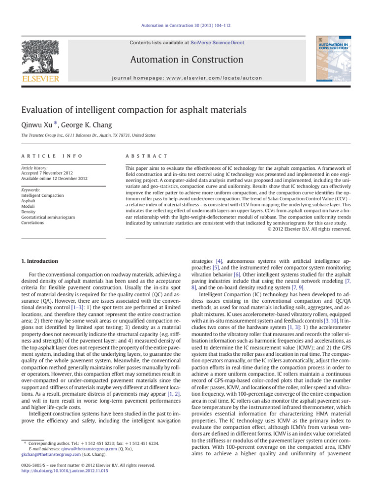 Evaluation Of Intelligent Compaction For Asphalt Materials Pdf Statistics Road Surface