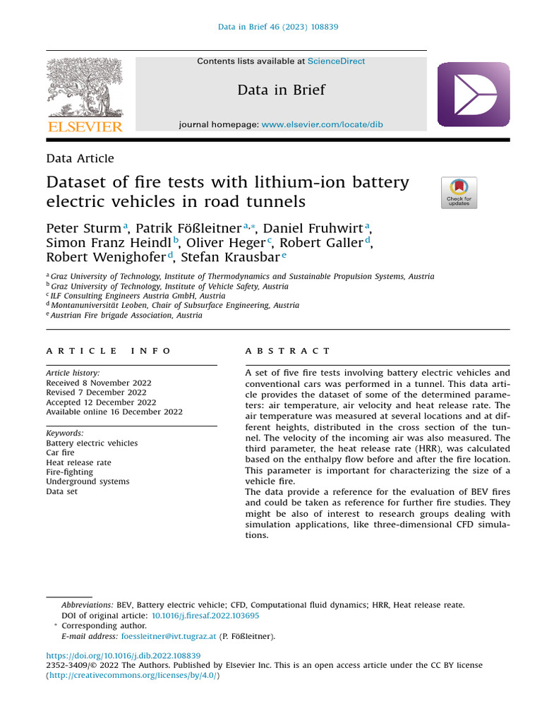 Dataset of Fire Tests With Lithium-Ion Battery in Road Tunnel | PDF ...