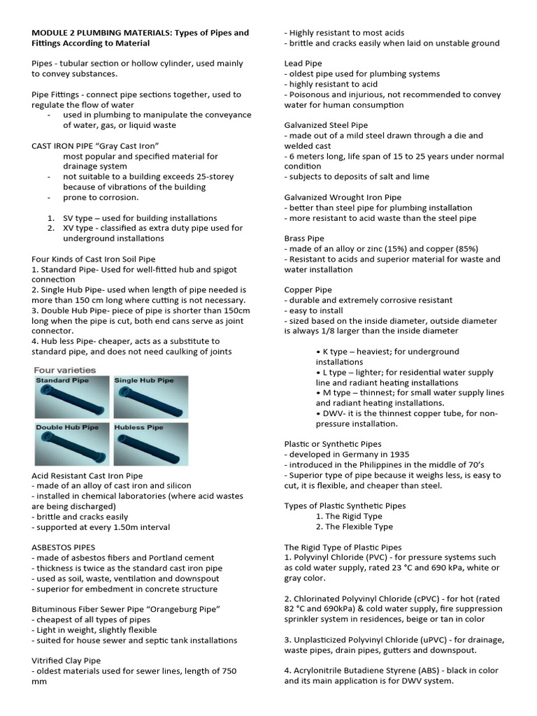 UTIL 2 MODULE 2 Reviewer | PDF | Pipe (Fluid Conveyance) | Plumbing
