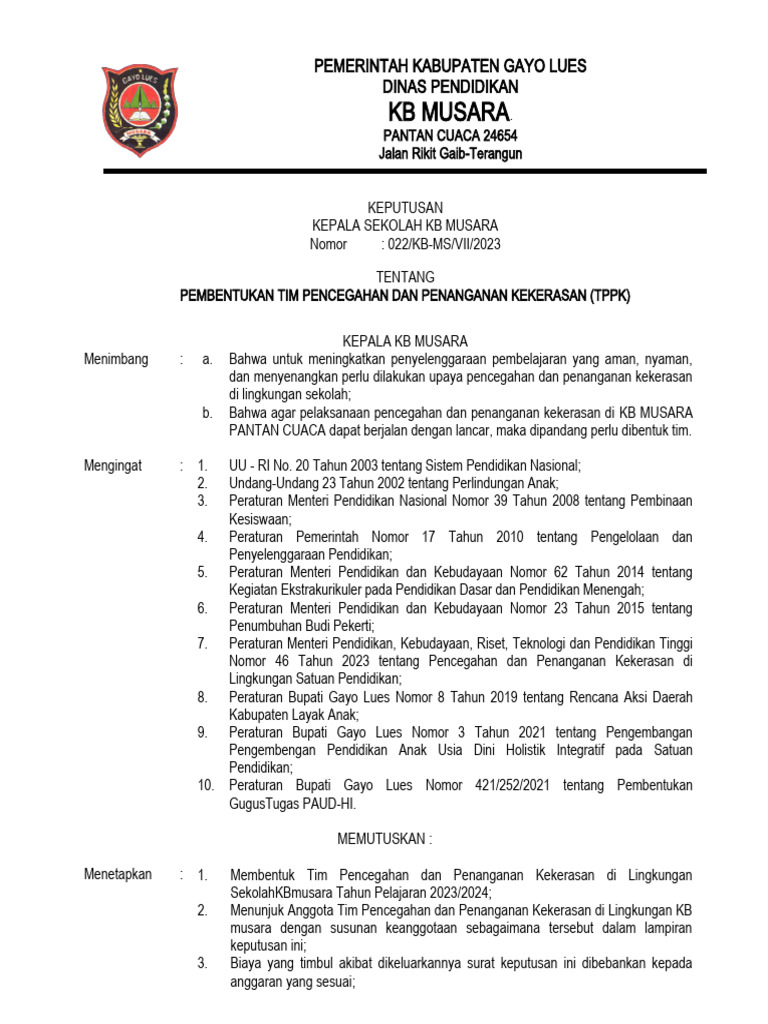 FORMAT SK TPPK Satuan Pendidikan | PDF
