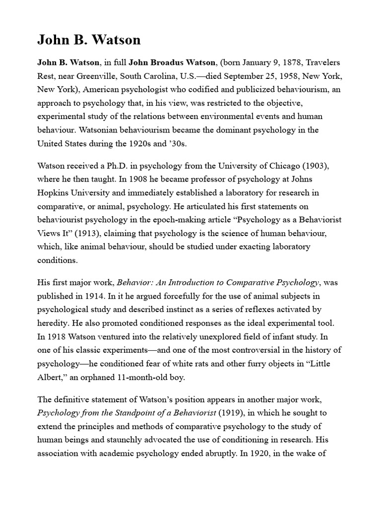 John B. Watson | PDF | Behaviorism | Psychology