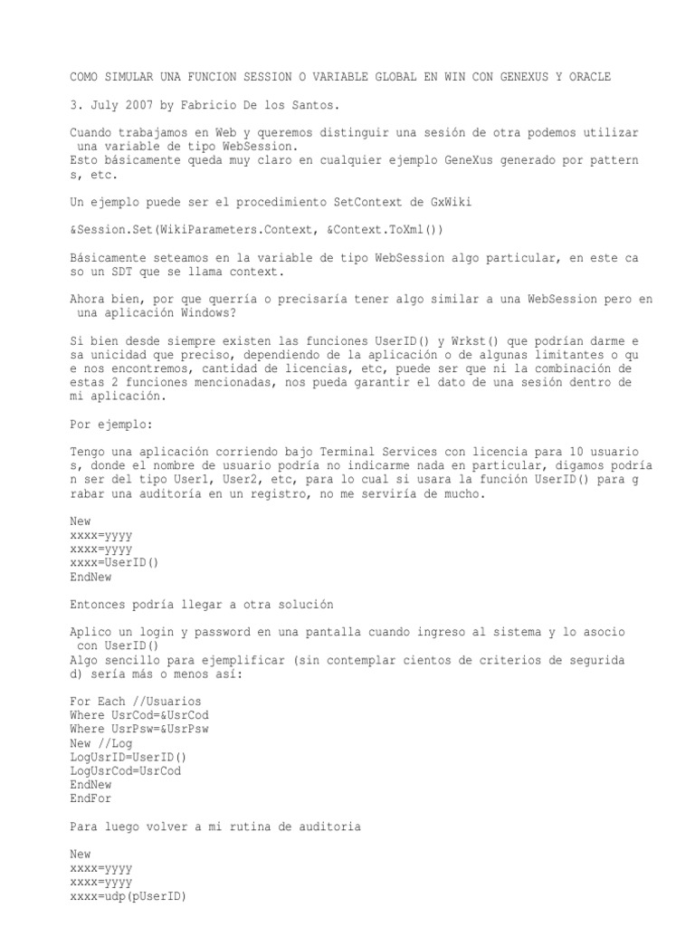Como Simular Una Funcion Session O Variable Global En Win Con Genexus Y Oracle Pdf Sql