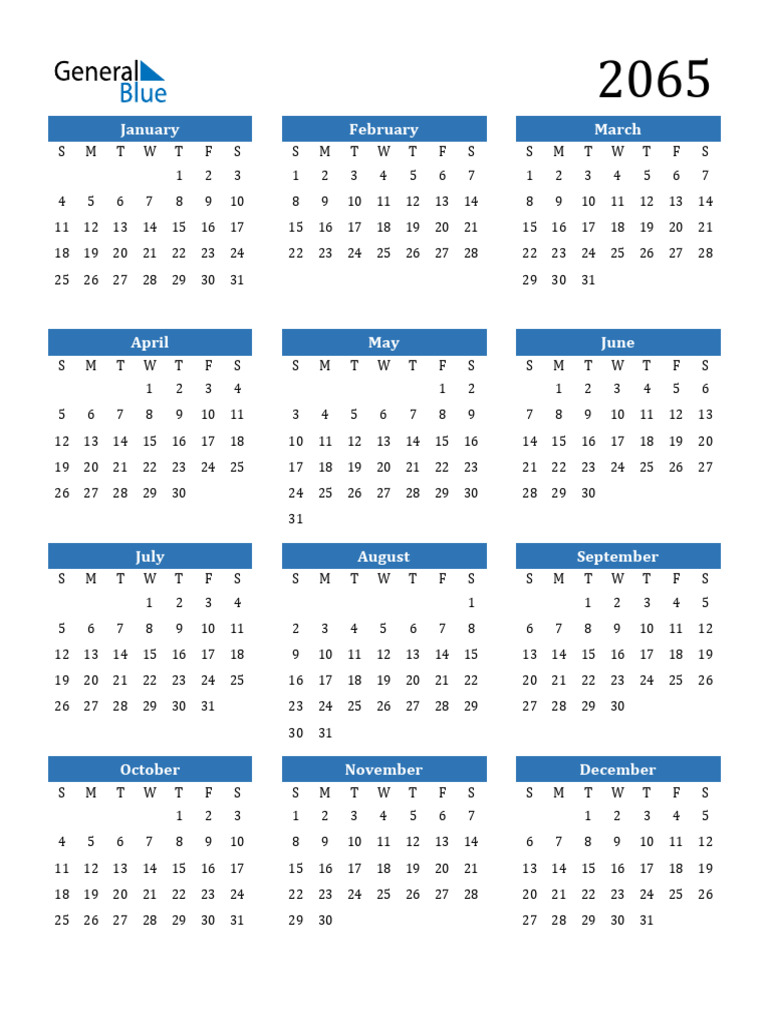 2065 Calendar Portrait Sunday Start | PDF