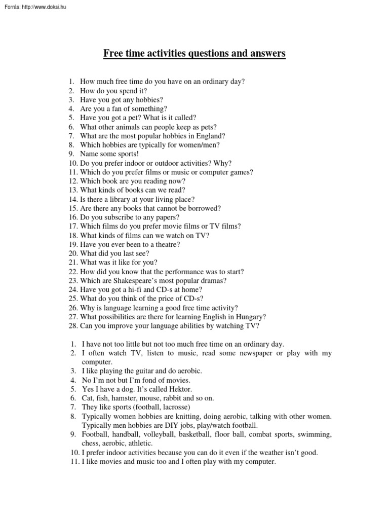 Free Time Activities Questions and Answers | PDF | Art