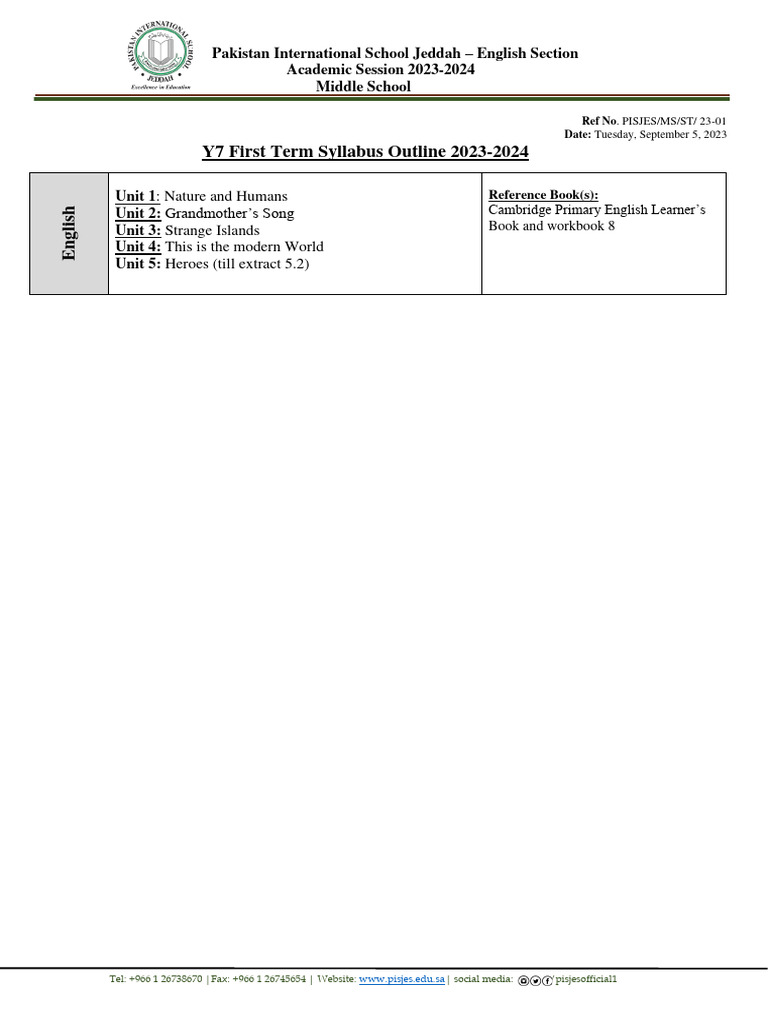 Y7 First Term Syllabus Outline Format 2023-2024 | Download Free PDF ...