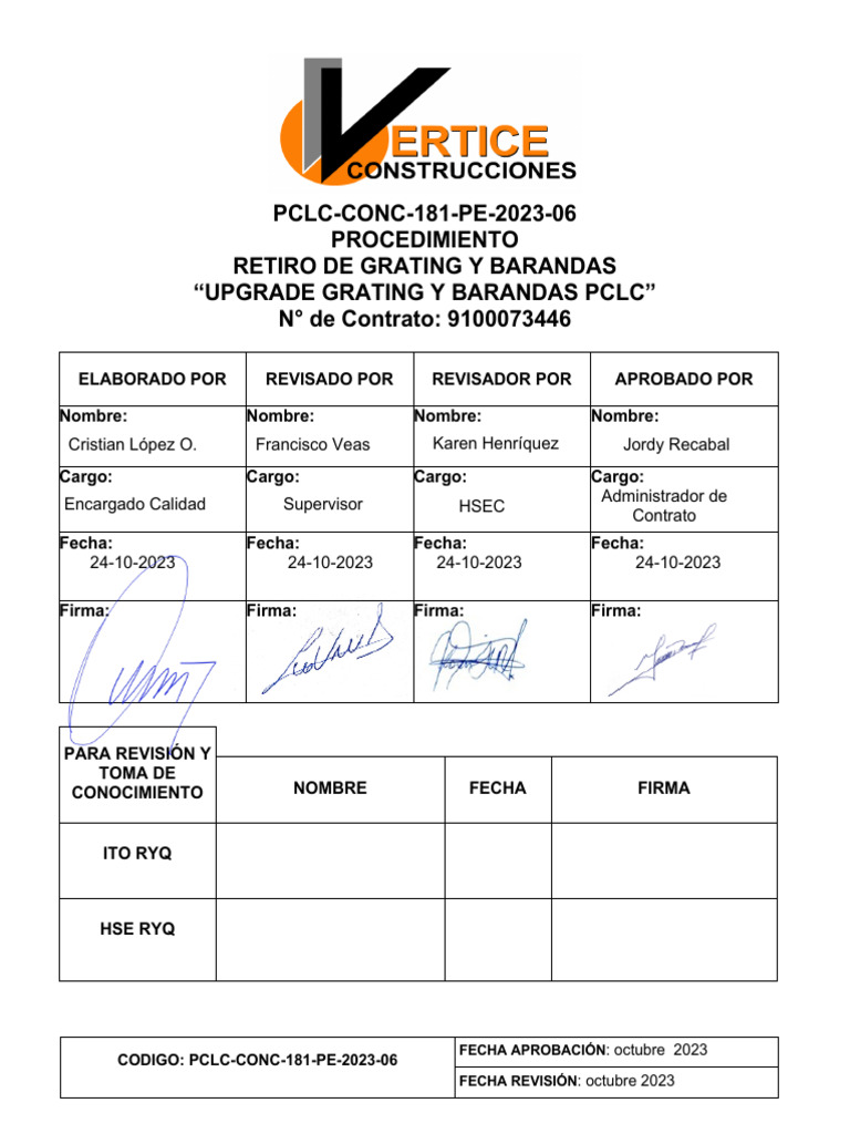 Procedimiento Retiro de Gratings y Barandas | PDF | Grúa (máquina ...