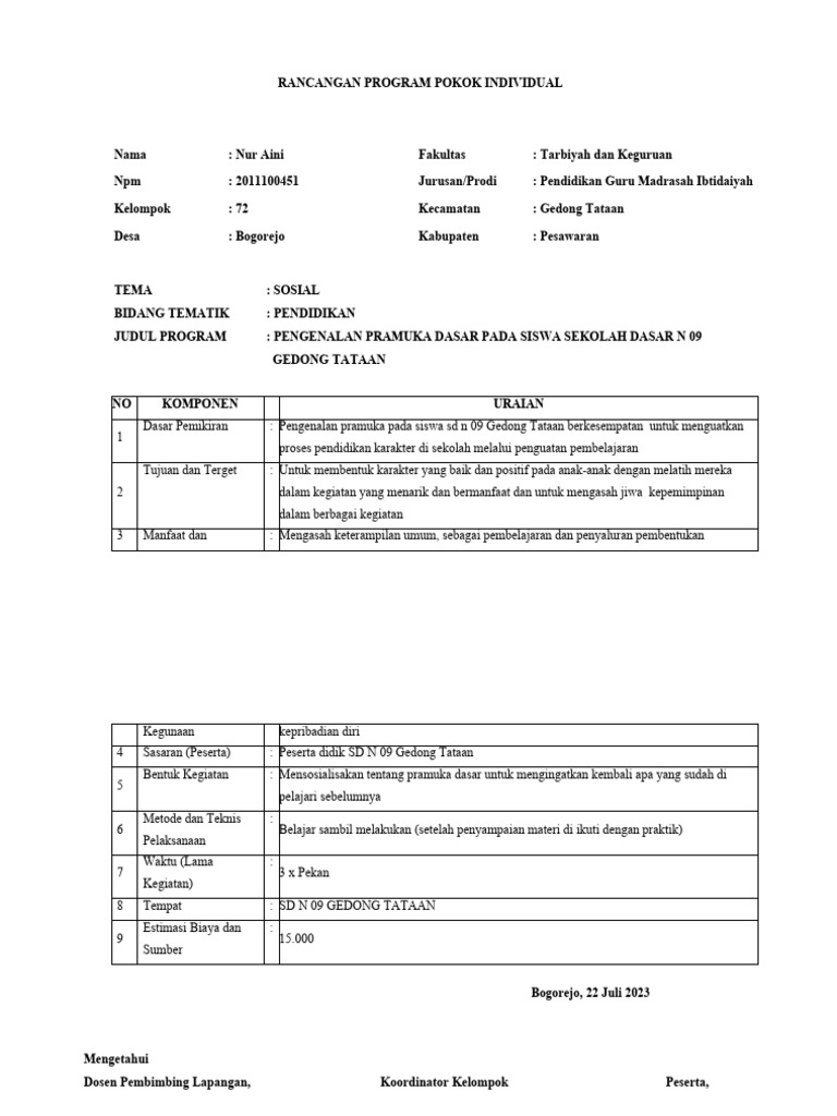 RANCANGAN PROGRAM POKOK INDIVIDUAL Tabel 1 | PDF