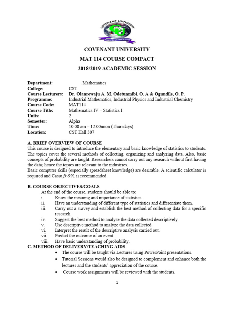 MAT 114 Course Compact. - 2018 - 2019 | PDF | Statistics | Data