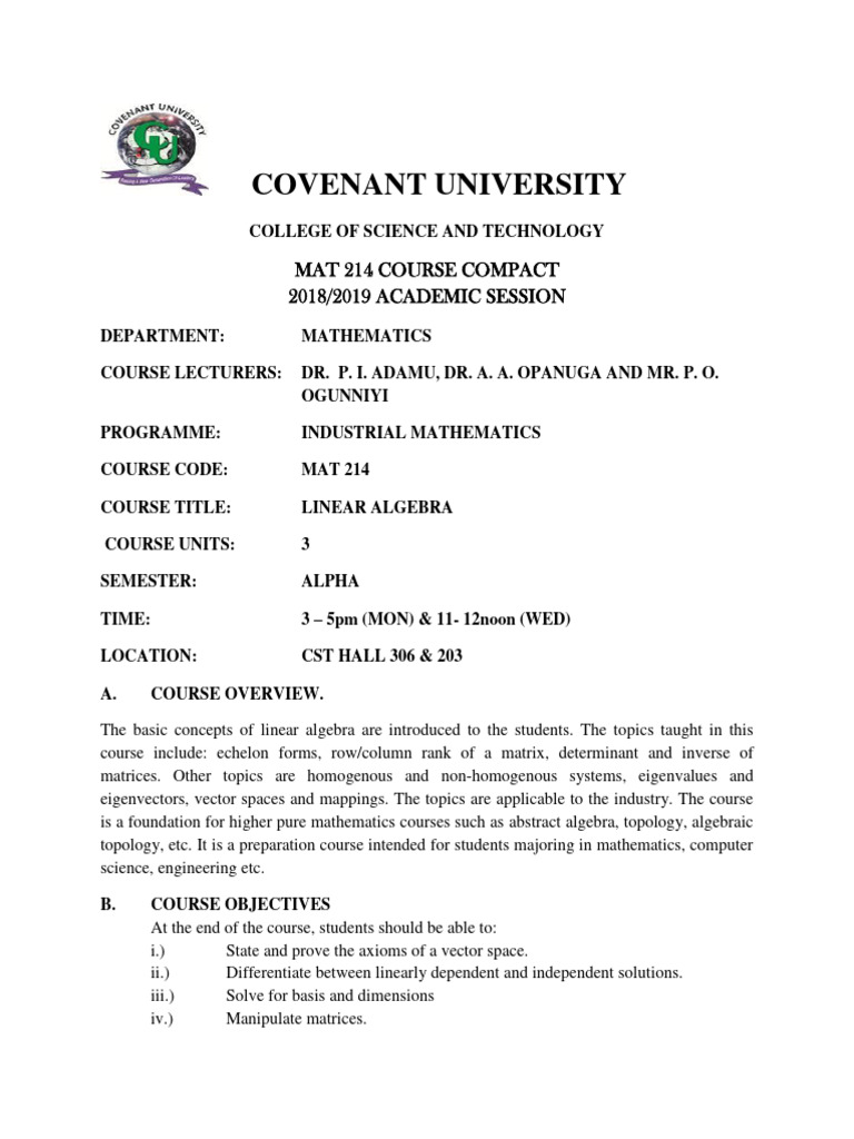 MAT 214 Course Compact - 18 - 19 | Download Free PDF | Linear Algebra | Vector Space