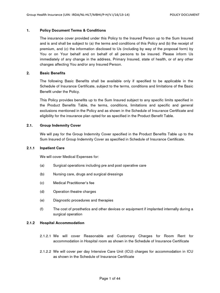 Policy Document - Group Health Insurance | PDF | Insurance | Hospital
