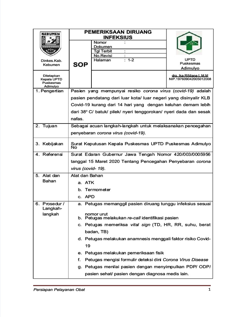 PDF Sop Pemeriksaan Ruang Infeksius Compress | PDF