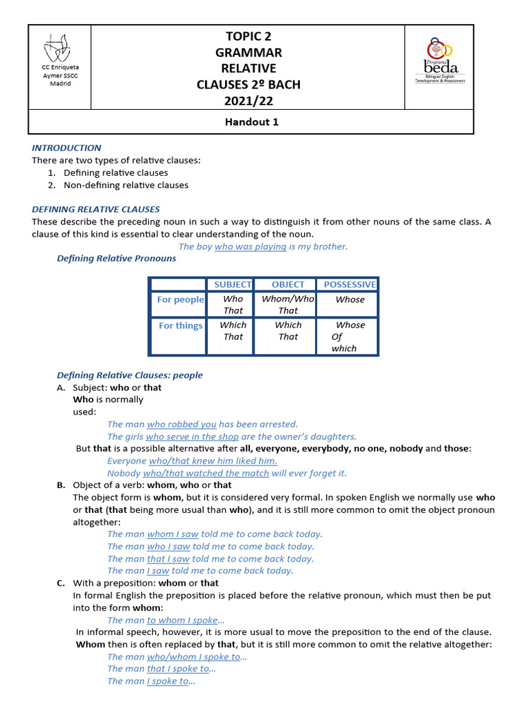 Relative-clauses Theory 2º BACH | PDF | Pronoun | Semantic Units