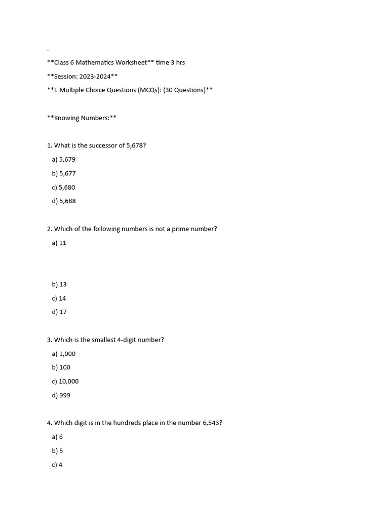 Class 6 Mathematics Worksheet | PDF | Numbers | Integer