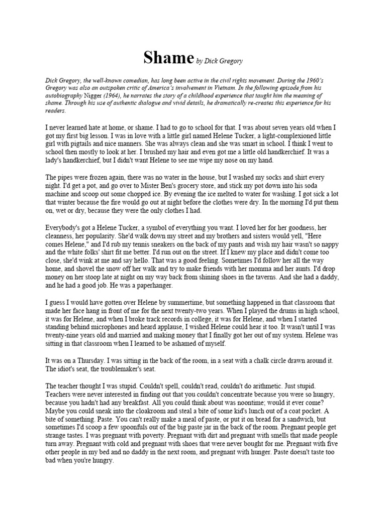 Shame by Dick Gregory | PDF | Narration | Narrative