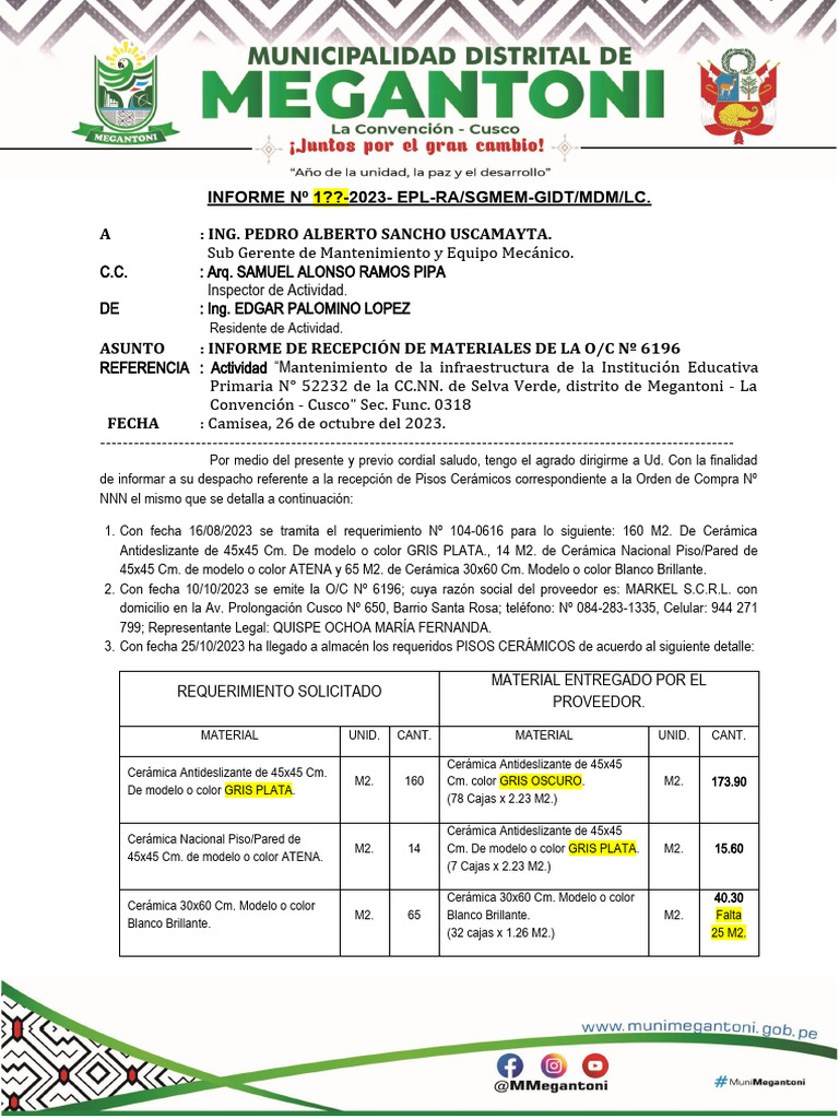 INFORME #0NN Inf Recepción de Pisos Cerámicos | PDF