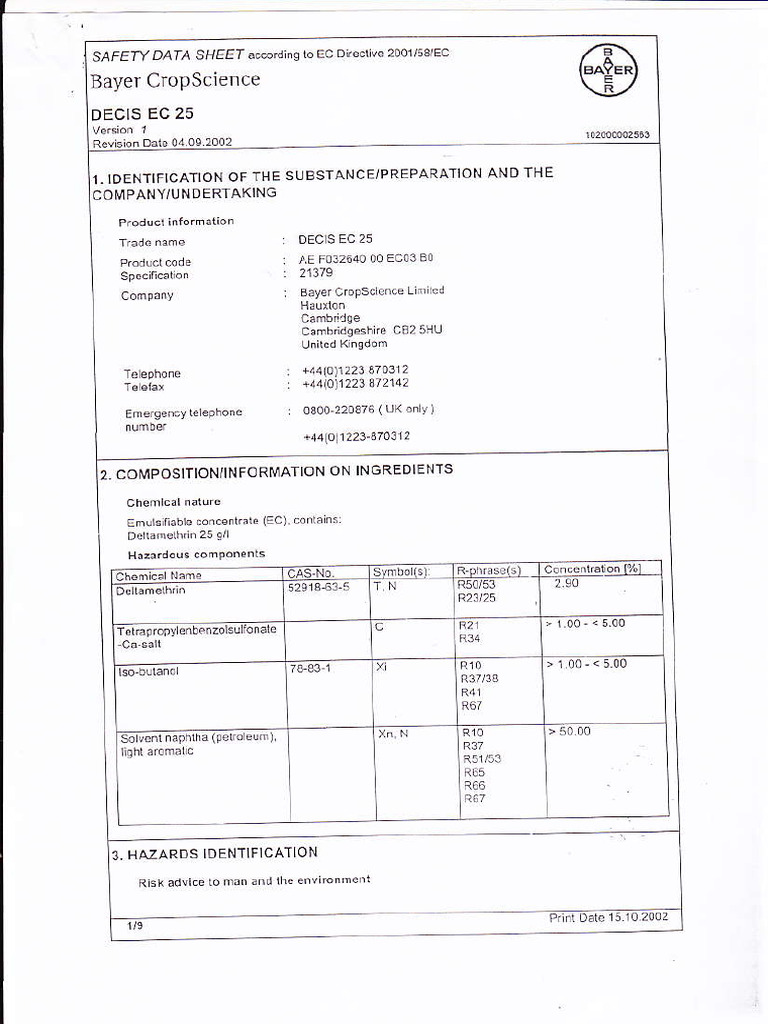 MSDS Decis 25 Ec | PDF