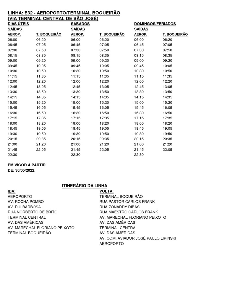 Linha: E32 - Aeroporto/Terminal Boqueirão (Via Terminal Central de São José) | PDF