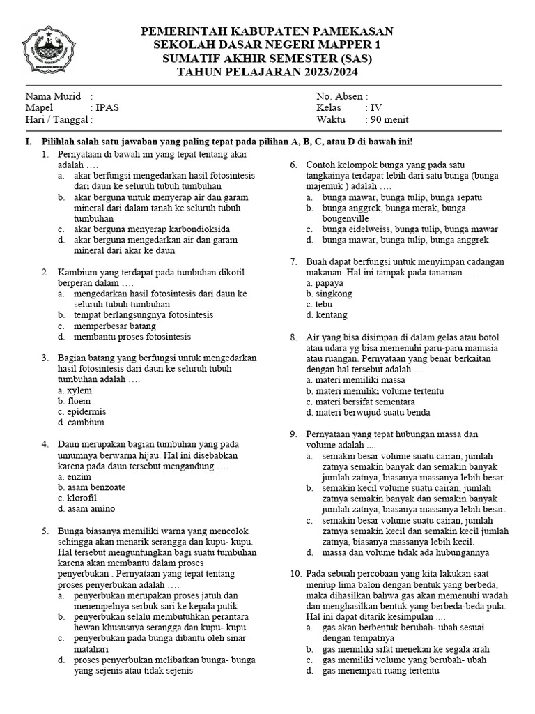 Soal Sas 1 Ipas Kelas 4 | PDF