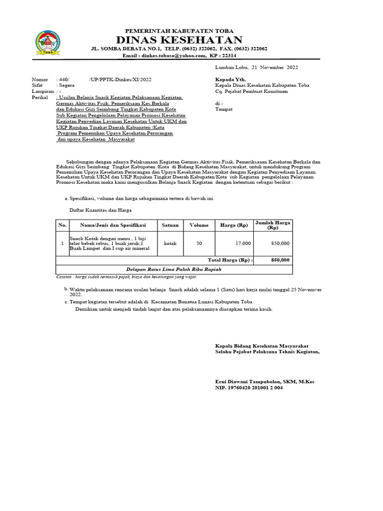 Usulan Belanja Snack Germas Toba | PDF