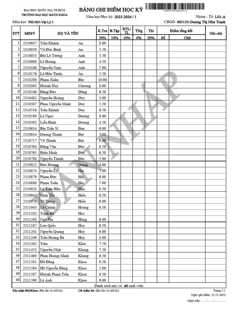 Bang Diem - 20231 - PH1003 | PDF