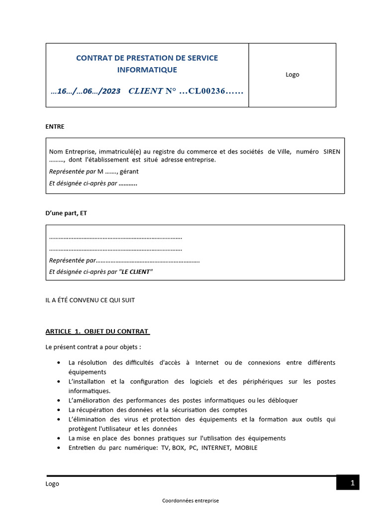 Contrat de Prestation de Service Informatique | PDF | Taxe sur la ...