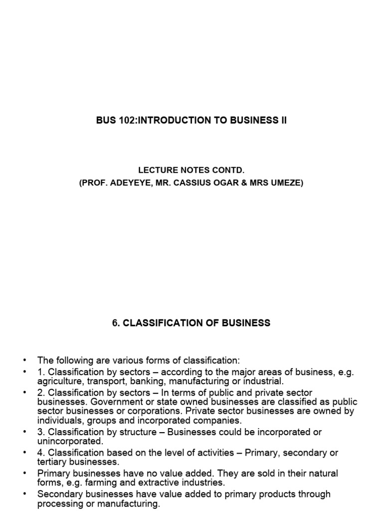 Bus 102 Introduction To Business Ii Lecture Notes Prof Adeyeye Mr Cassius Ogar And Mrs Udeze 