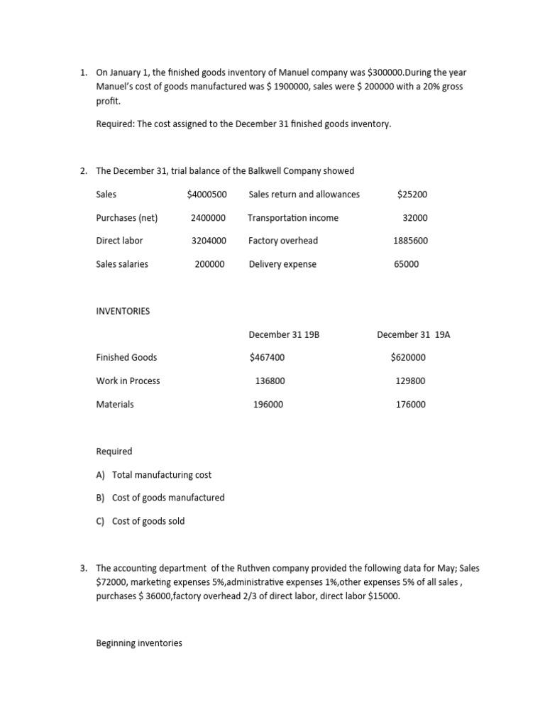 Cost of Goods Sold Questions (Matz & Usry) | PDF | Cost Of Goods Sold ...