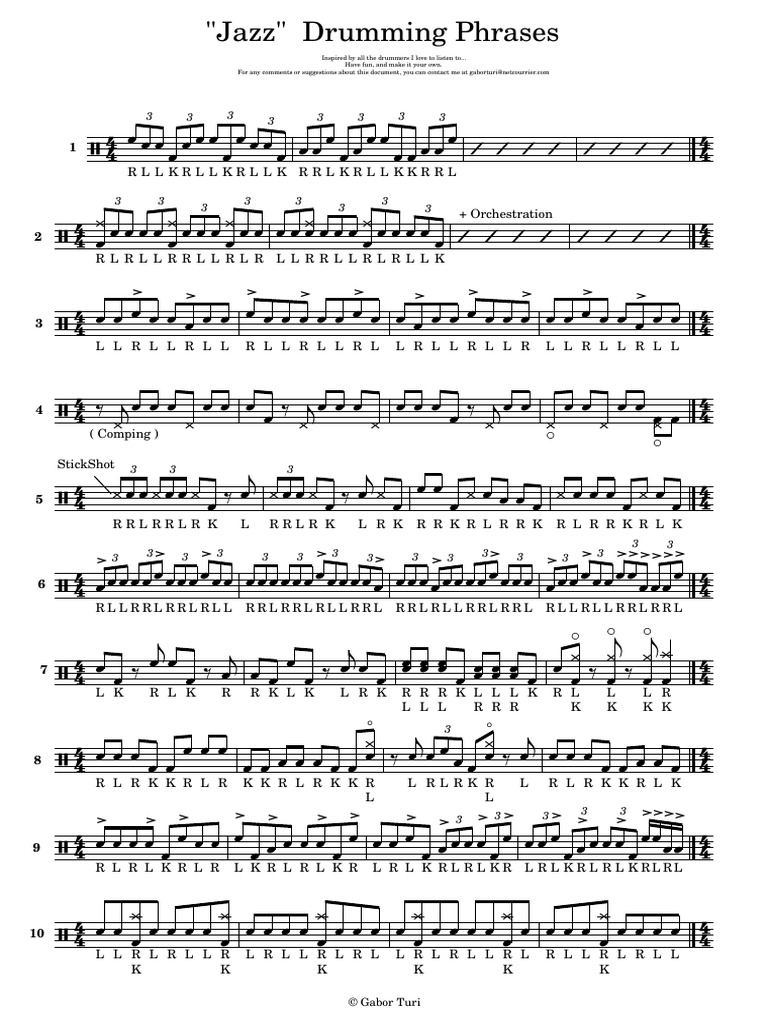 Jazz Drumming Phrases 1 To 30 | PDF | Musical Forms | Musical Compositions
