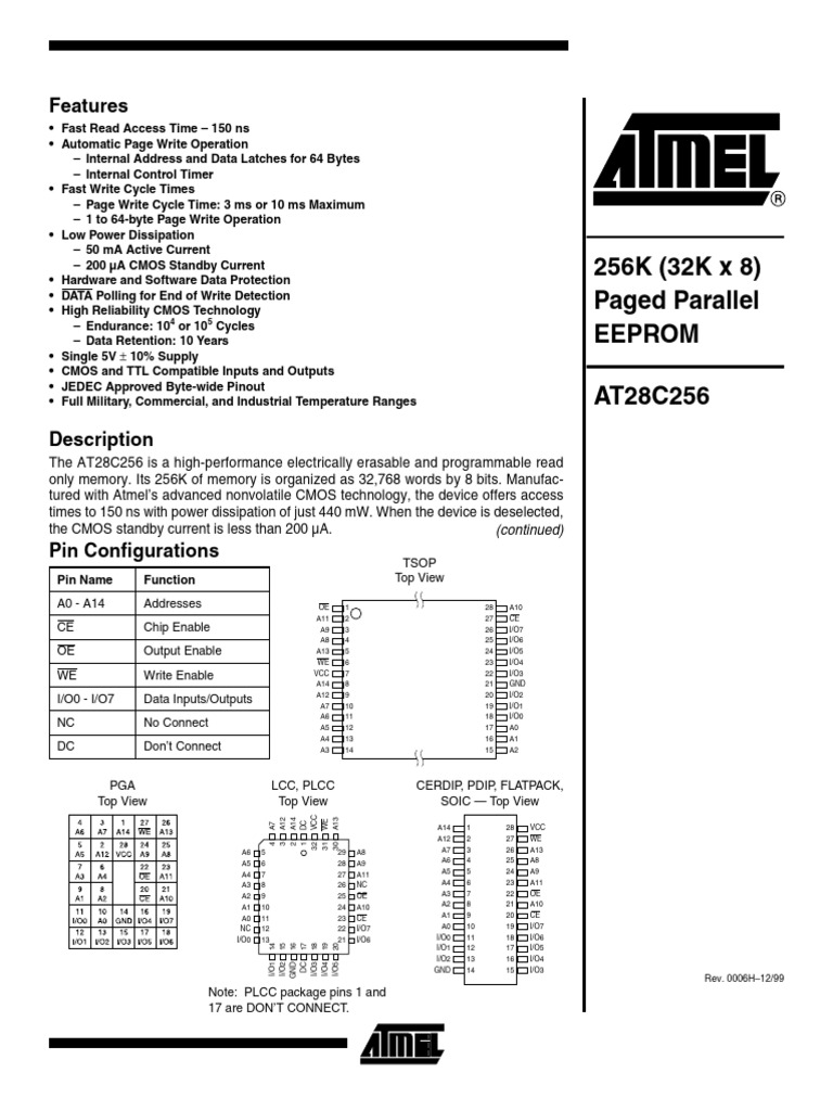 256K (32K X 8) Paged Parallel Eeprom AT28C256: Features | PDF | Cmos ...