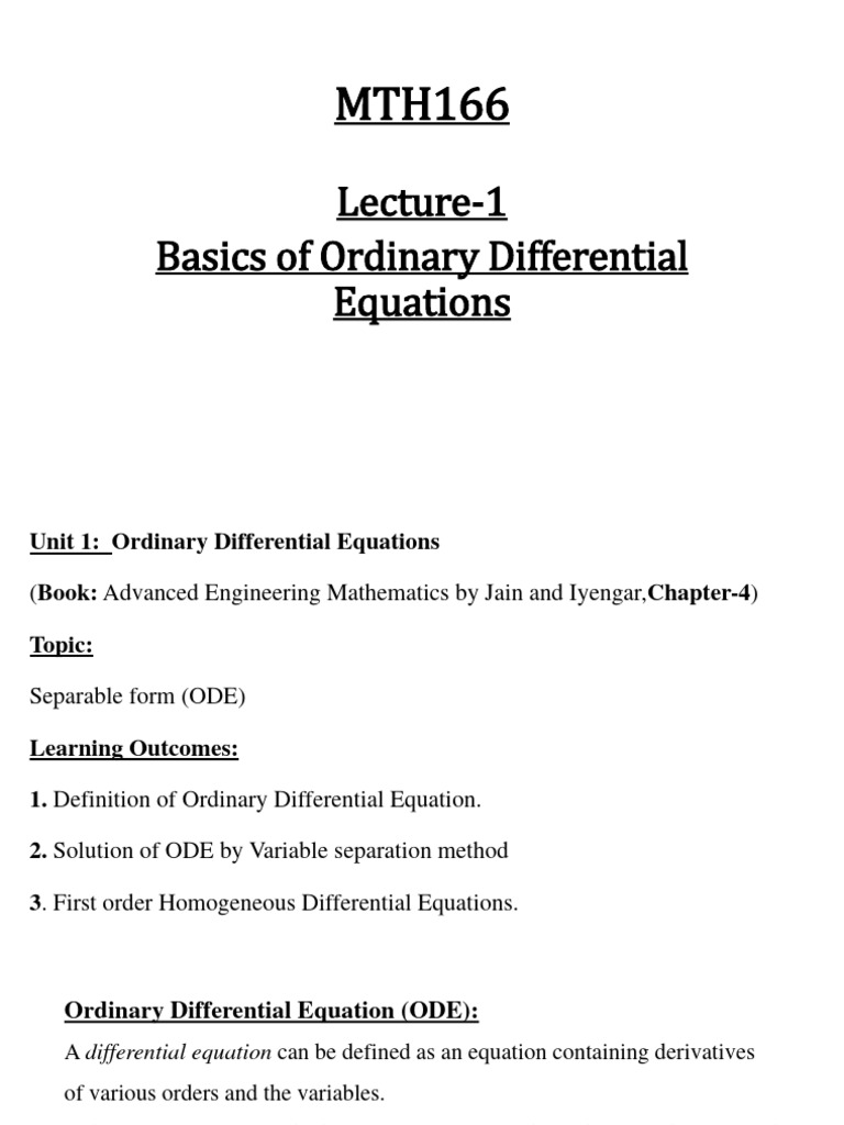 Lecture 1 Basics Of Ode And Variable Separable Form Pdf Ordinary Differential Equation