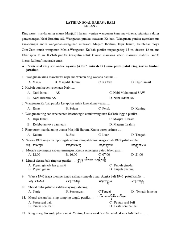 Latihan Soal Bhs Bali 9 | PDF