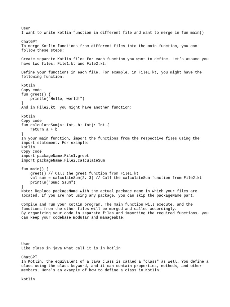 Kotlin Functions & Classes Guide | PDF | Class (Computer Programming) | Method (Computer ...
