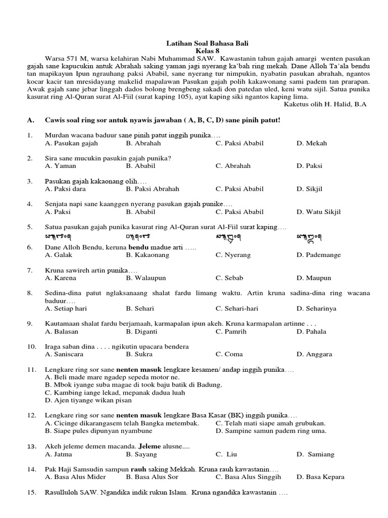 Latihan Soal Bhs Bali 8 | PDF
