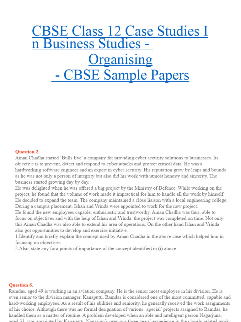 CBSE Class 12 Case Studies in Business Studies ORGANISING | PDF | Employment | Marketing