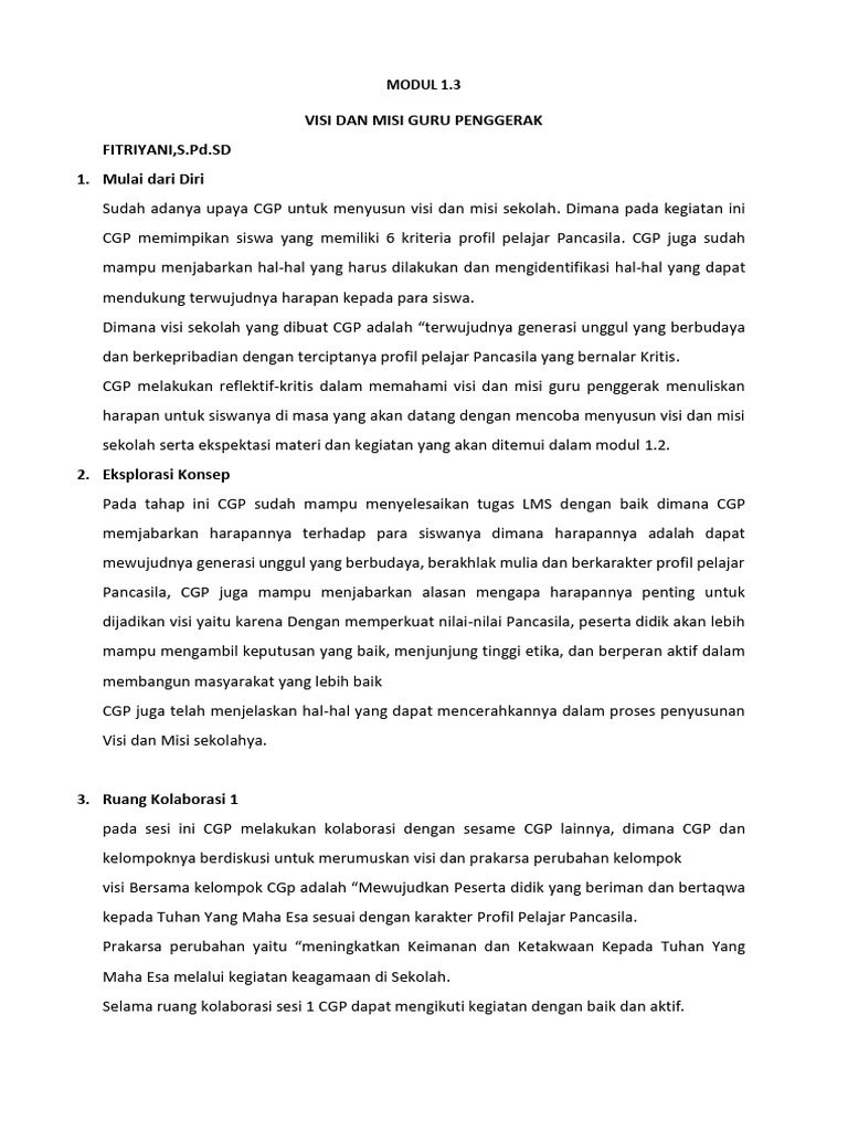 Jurnal Pembelajaran Daring CGP Fitriyani, S.PD - SD Modul 3 Dan Modul 4 | PDF