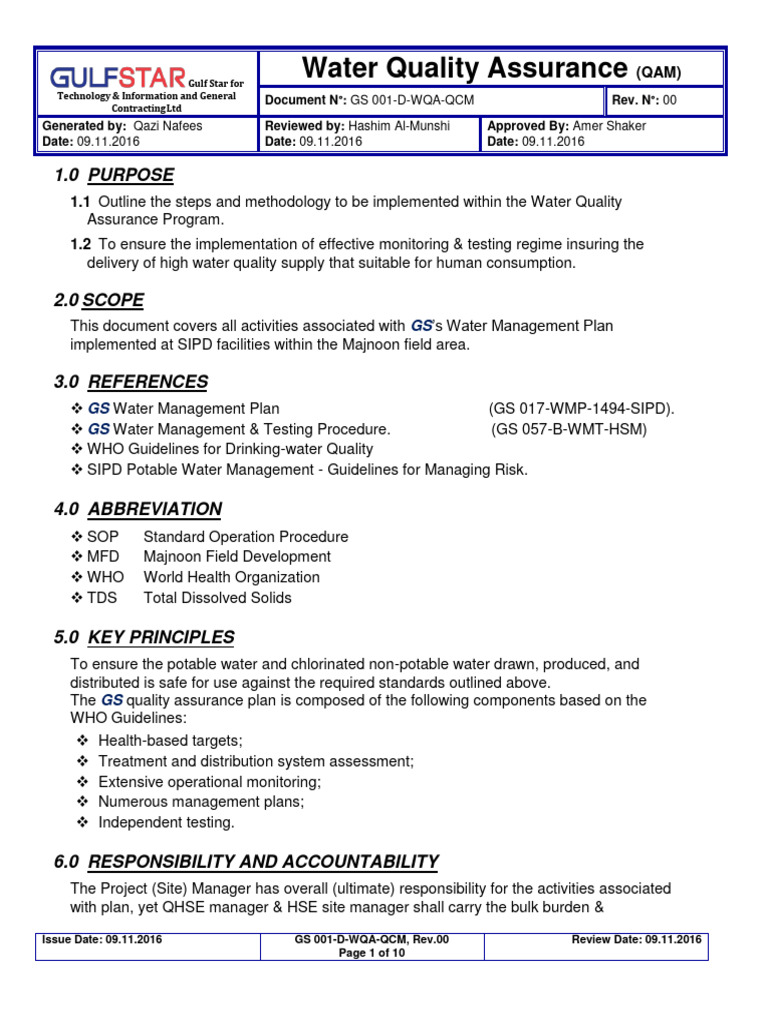 GS 001-D-WQA-QCM, Rev.00 Water Qaulity Assurance - WI | PDF | Water ...