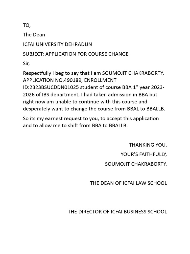 Course Change Application for BBA to BBALLB | PDF | Career & Growth ...