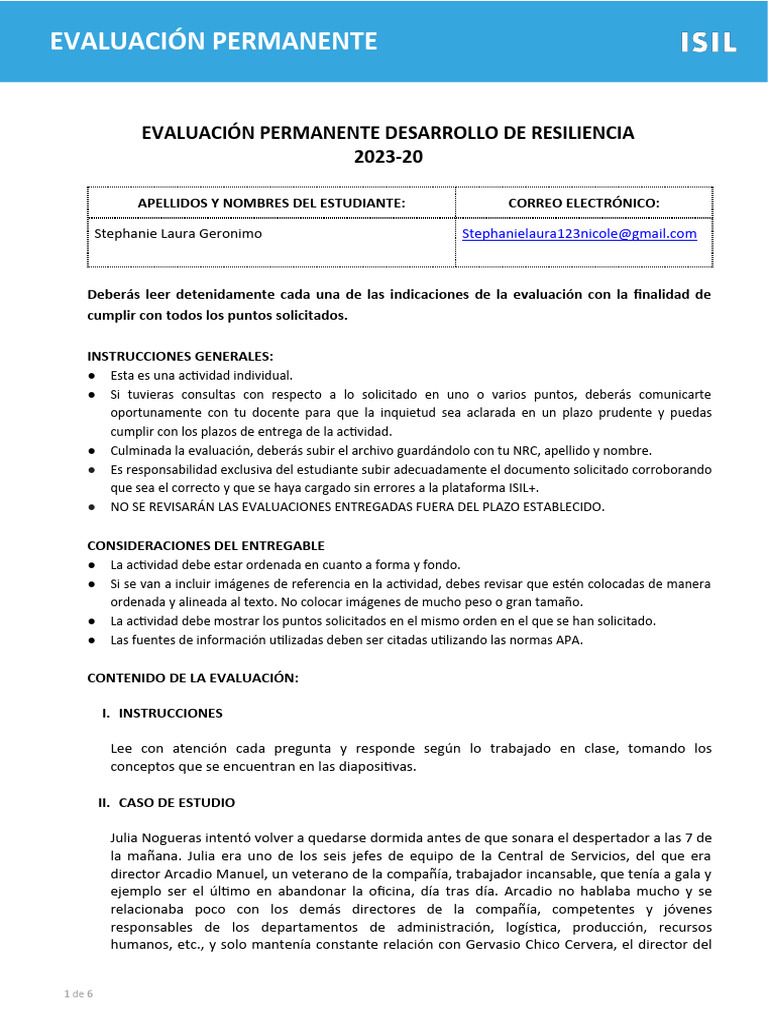 Evaluación de Resiliencia: Laura Geronimo | PDF | Gestión del tiempo ...