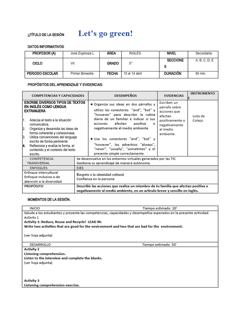 Lesson 6 Let's Go Green Quinto Secundaria | PDF