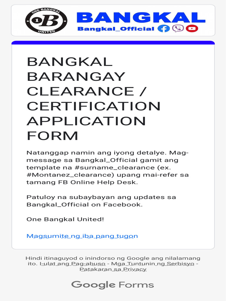 Bangkal Barangay Clearance Certification Application Form | PDF