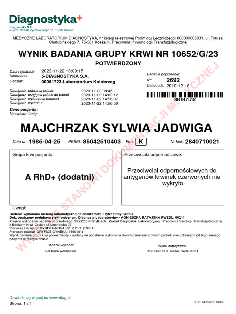 Majchrzak Sylwia Jadwiga: Wynik Badania Grupy Krwi NR 10652/G/23 | PDF