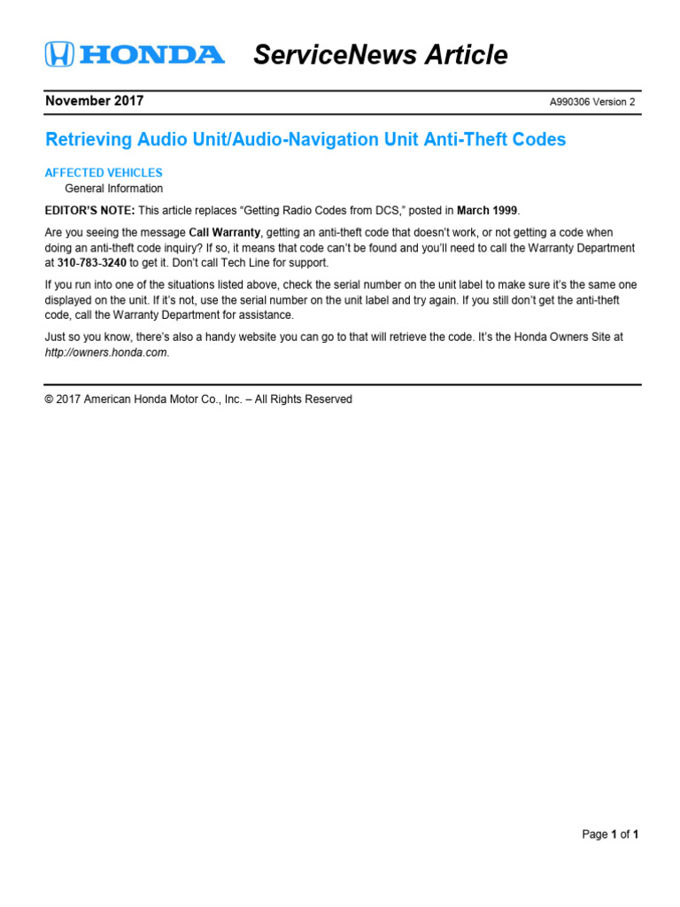 Retrieve Honda Audio Unit Codes | PDF | Technology & Engineering ...