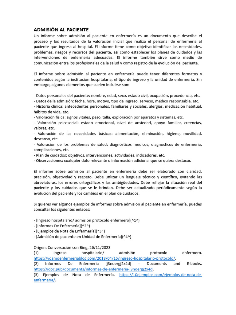 Infome de Admisión Al Paciente | PDF | Enfermería | Programas sociales