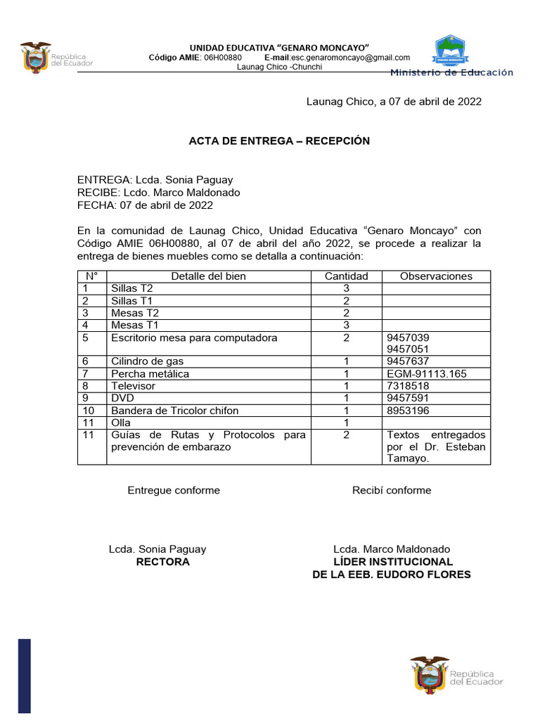 Acta de Entrega Recepción de Bienes Muebles | PDF