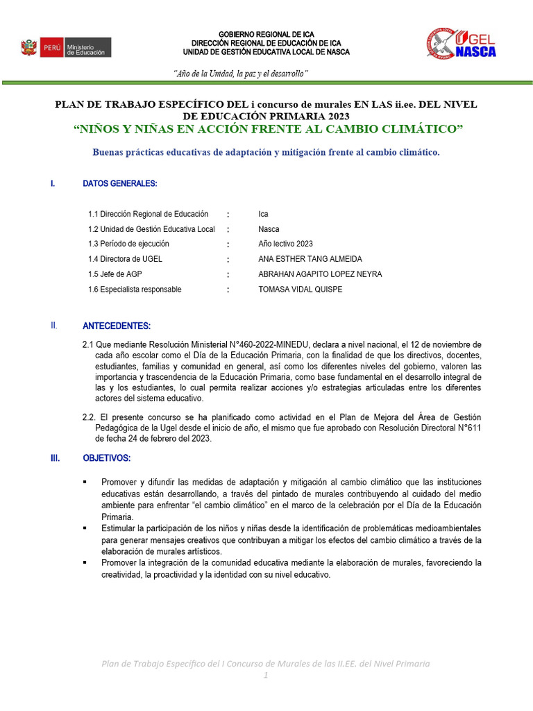 PLAN DE TRABAJO Concurso de Murales | Descargar gratis PDF | Educación primaria